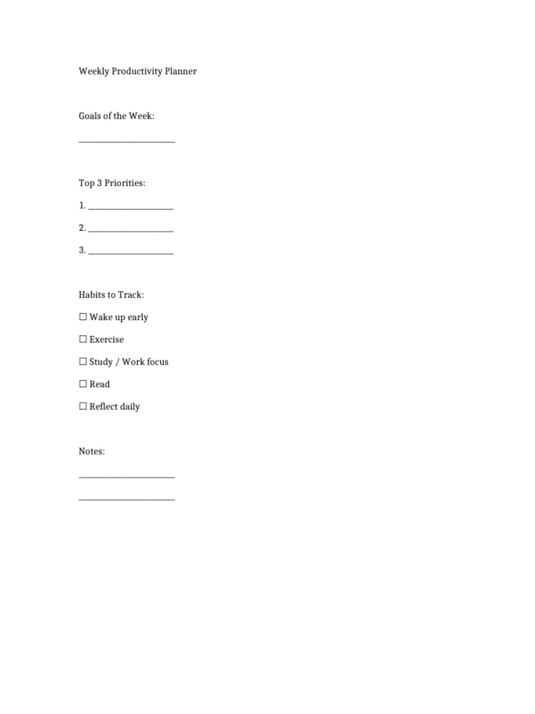 Weekly Productivity Planner Template | PDF