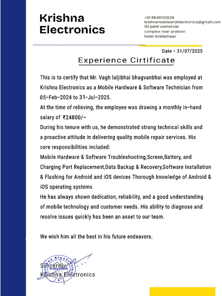 Krishna Experience Letter | PDF