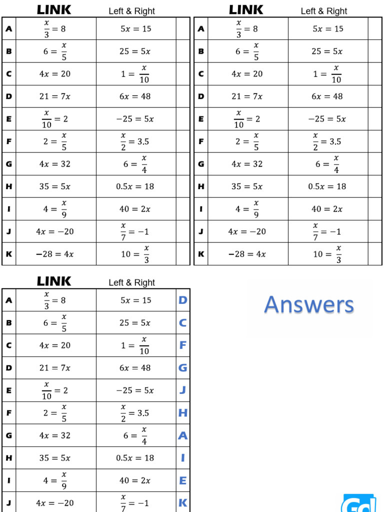 Linear Equations Variable On One Side 1 Step Non Calculator Link A5 | PDF