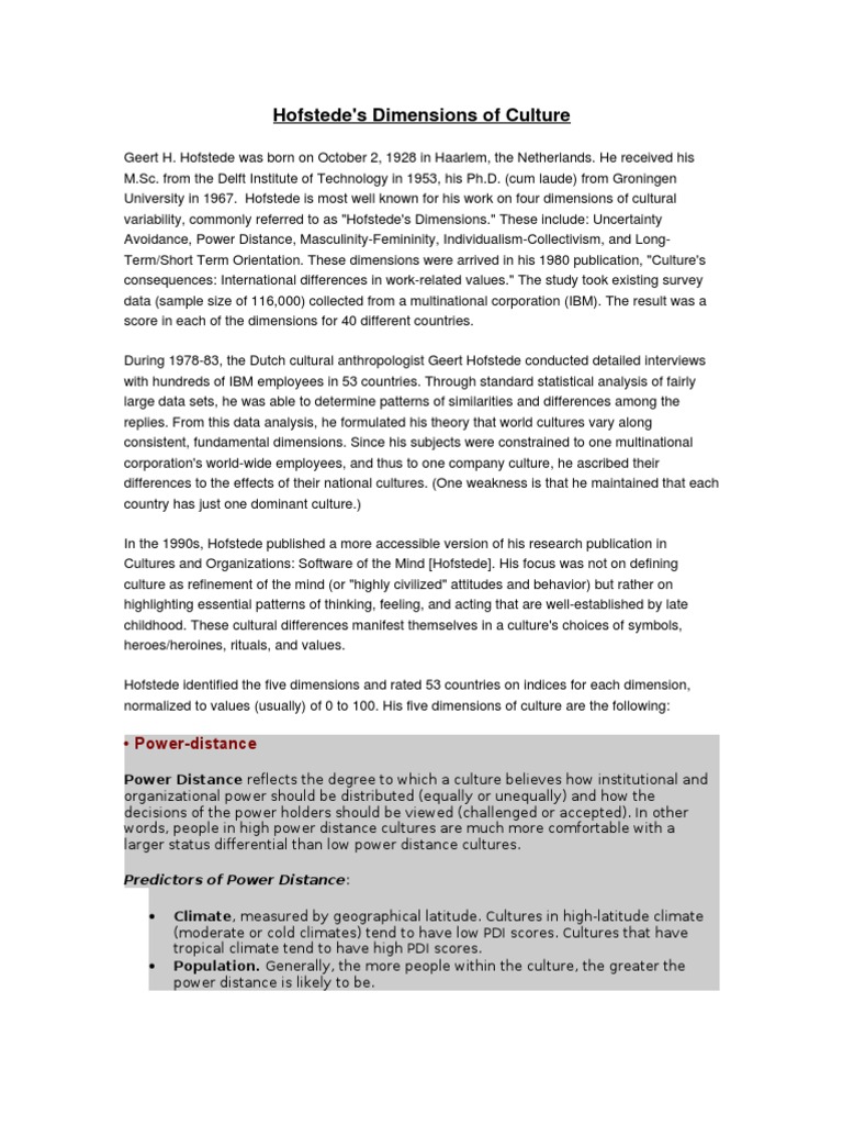 Hofstede's Cultural Dimensions Explained | PDF | Social Science | Self ...