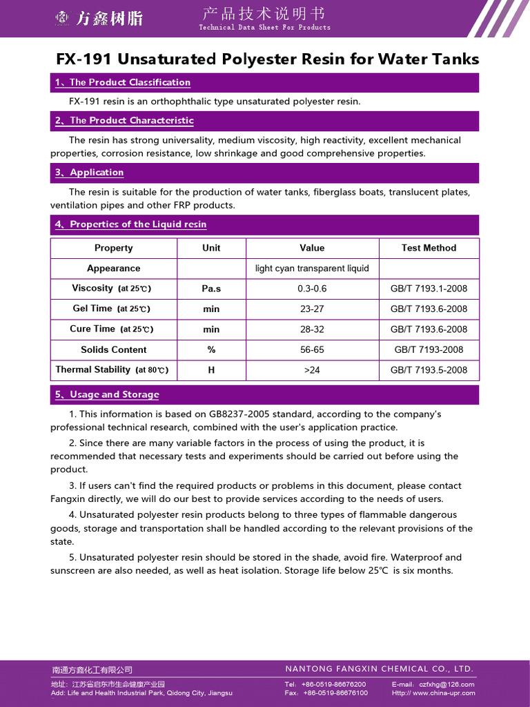 FX-191 Unsaturated Polyester Resin For Water Tanks | PDF | Industrial ...