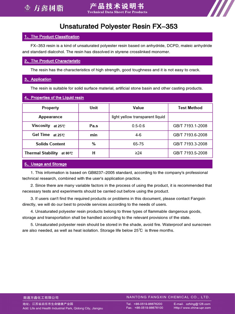 Unsaturated Polyester Resin FX-353 Data Sheet | PDF | Polyester ...