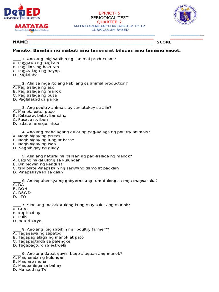 v3 - G5 - EPP - Q2 - TEST - TOS - ANSWER KEY | PDF