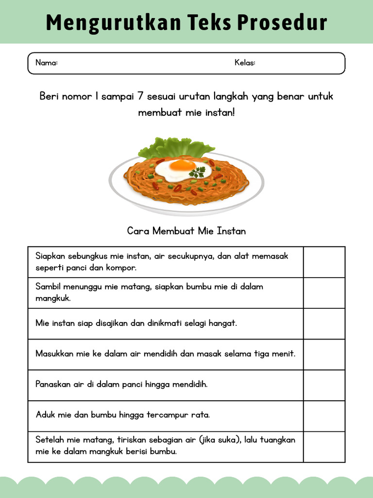 Lembar Kerja Mengurutkan Cara Membuat Mie Instan Hijau Ilustrasi | PDF