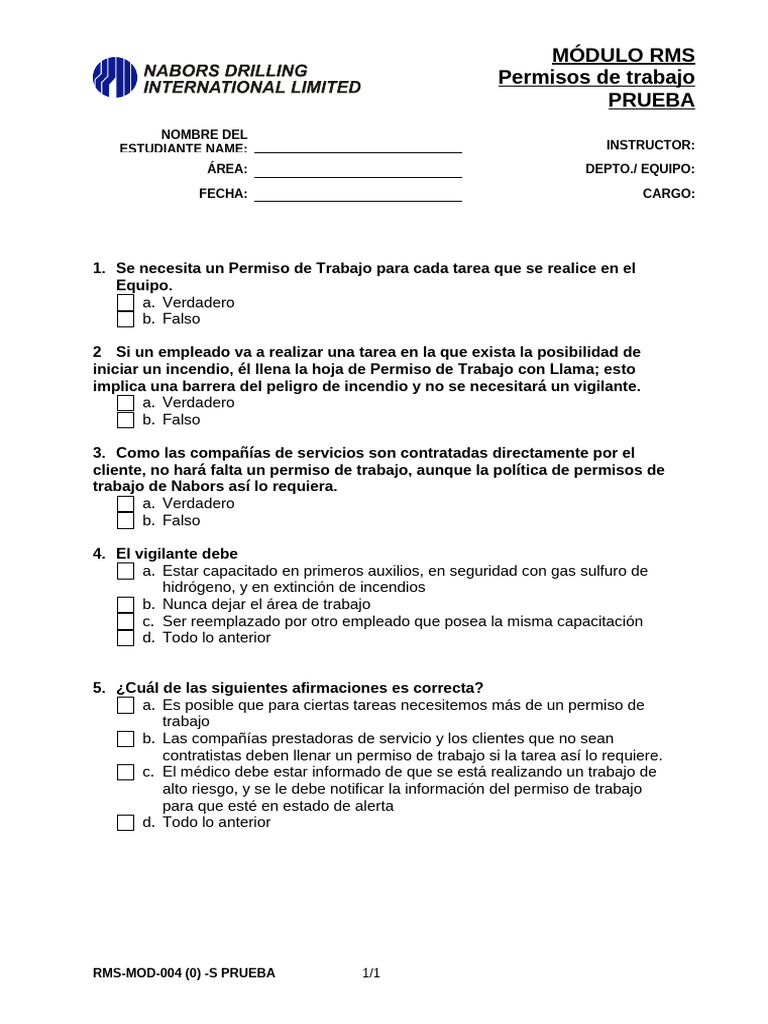 RMS Module Work Permit Test-S | PDF