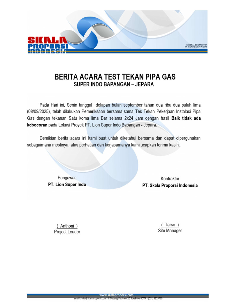 Berita Acara Tes Tekan Pipa Gas Jepara | PDF