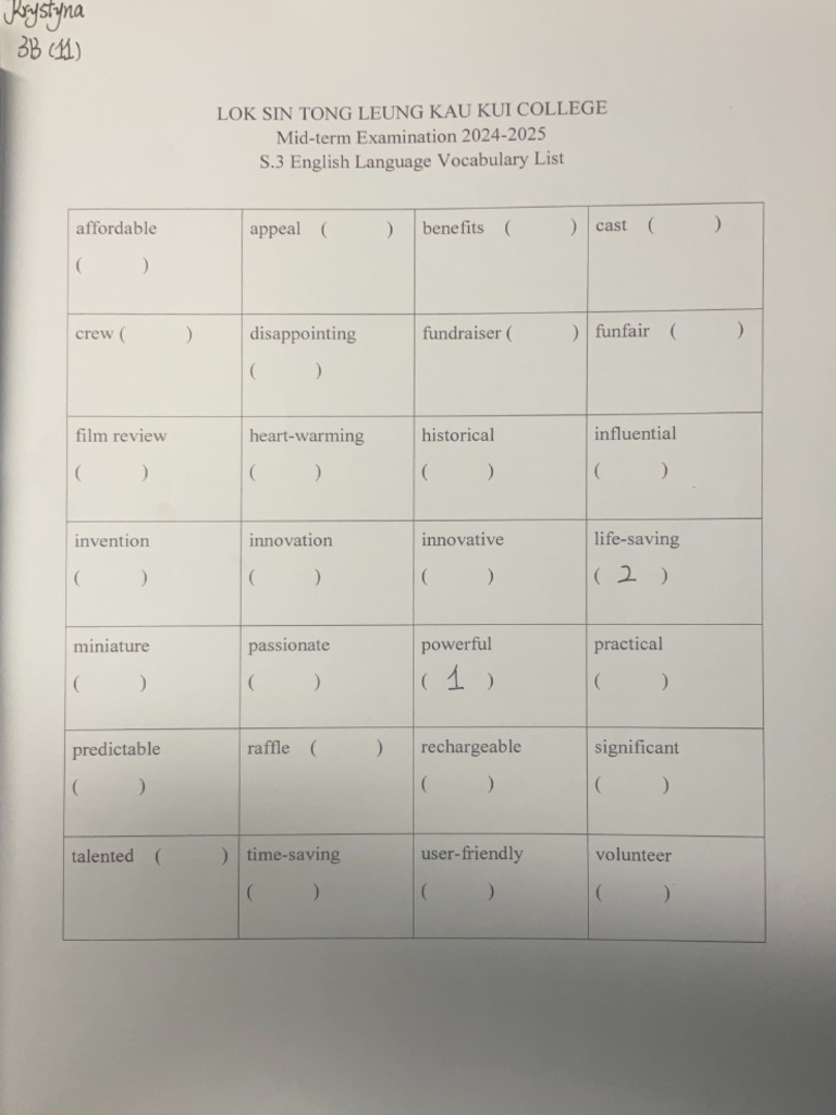 Mid-Term Examination 2024-2025 English Language Vocabulary List | PDF