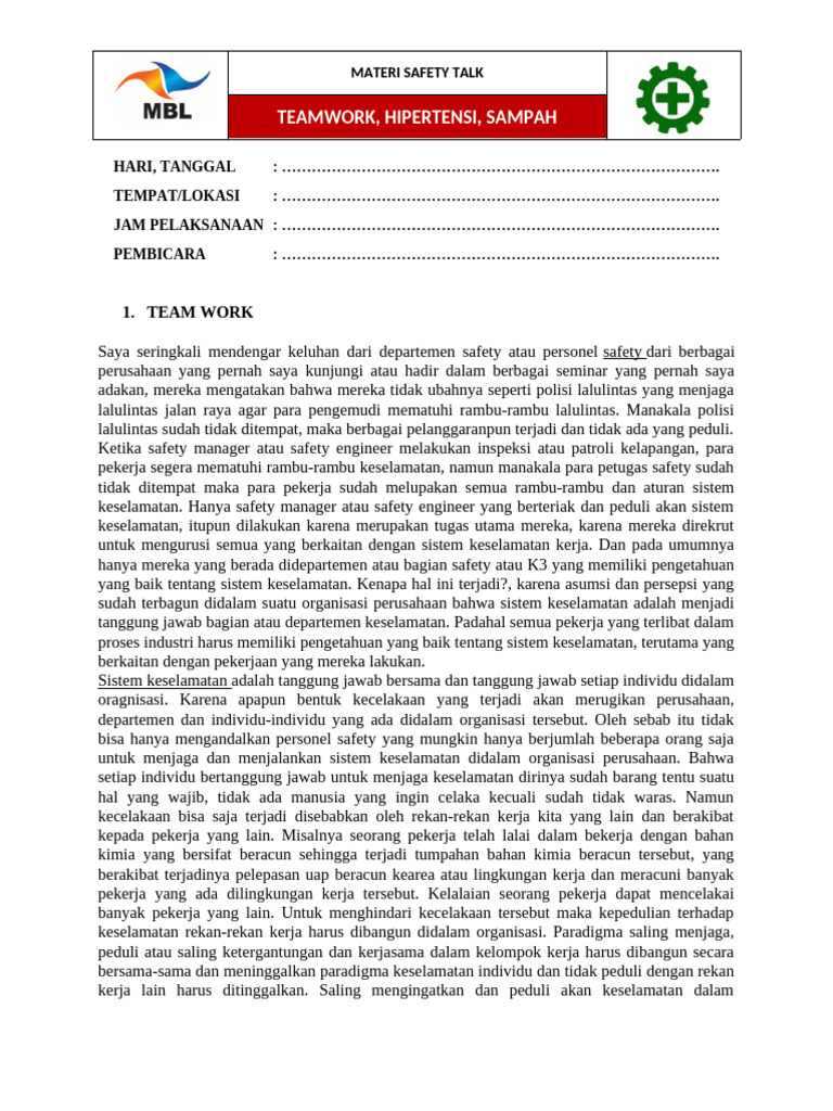 Materi Safety Talk - Team Work | PDF