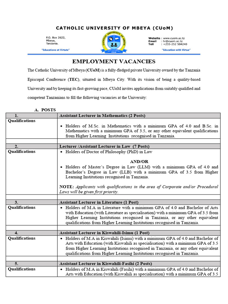 CUoM Job Vacancies for Lecturers | PDF | Academic Degree | Bachelor's ...