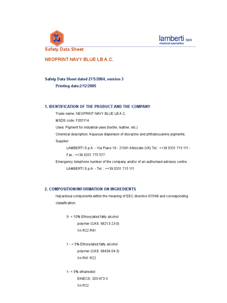 Neoprint Navy Blue LB AC | PDF | Toxicity | Personal Protective Equipment
