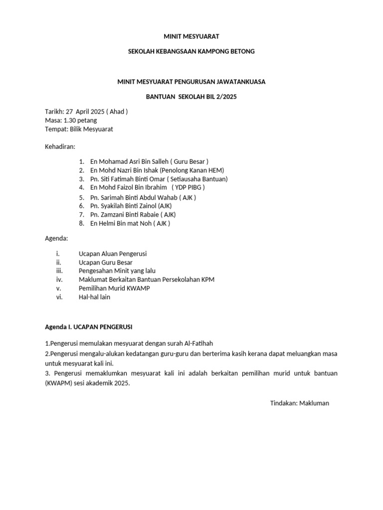 Minit Mesyuarat Ajk Bantuan (Kwamp) 2025 | PDF