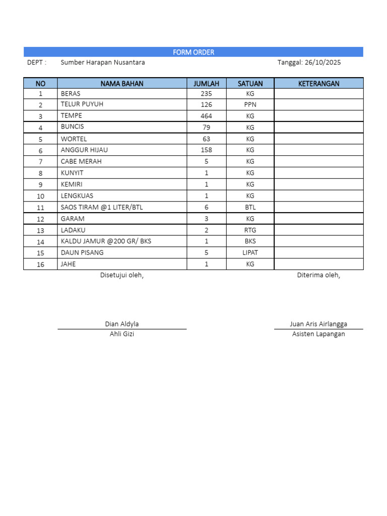 Form Order New 26 - 31 Oktober 2025 | PDF