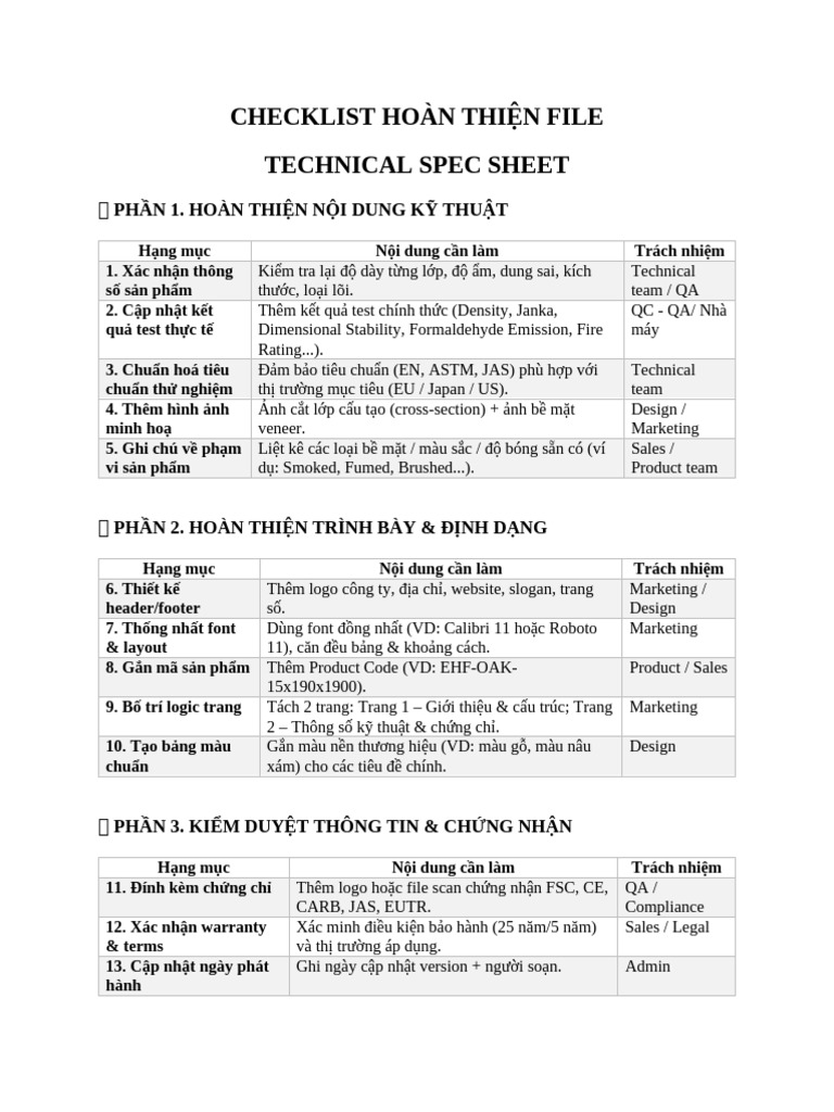 Checklist Hoàn Thiện File Technical Spec Sheet | PDF