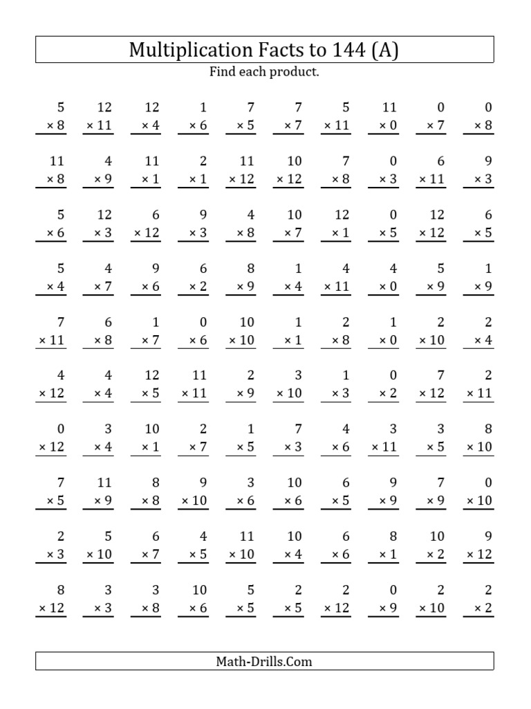 Multiplication Facts Worksheet 1-144 | PDF