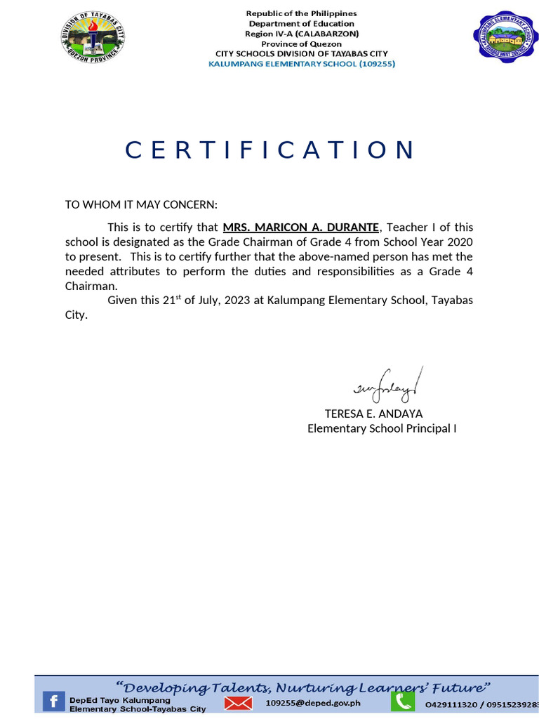 Certification of Grade 4 Chairman | PDF