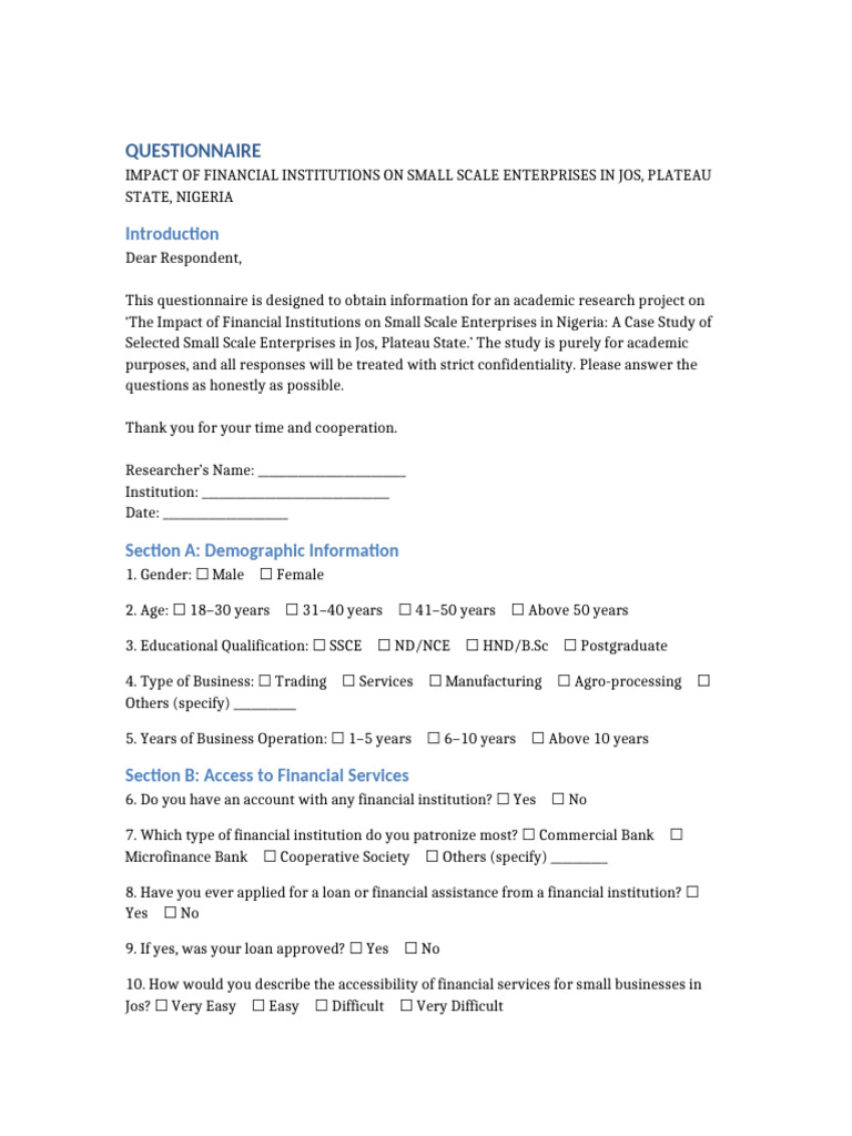 Questionnaire Financial Institutions SSEs Jos | PDF | Collateral ...