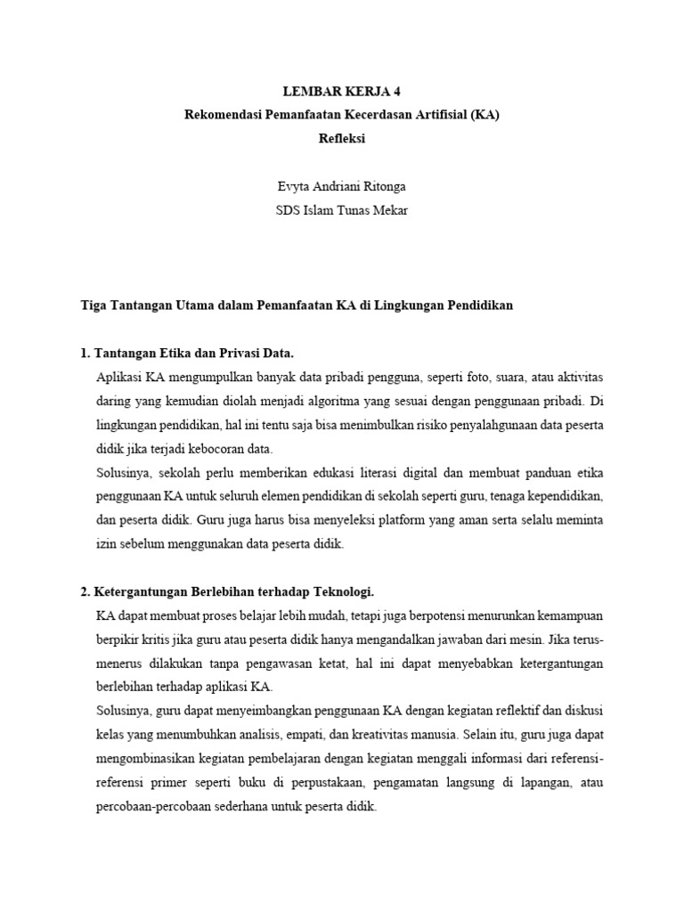 Lembar Kerja 4 Rekomendasi Pemanfaatan Kecerdasan Artifisial (KA ...