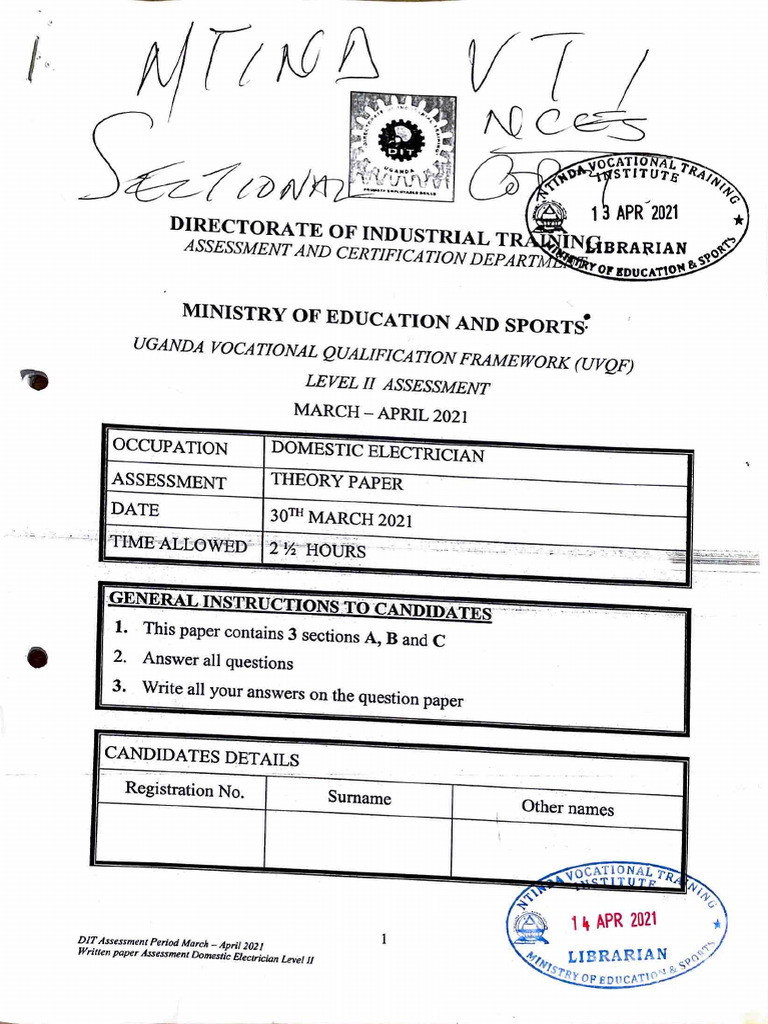 DIT Domestic Electrician Level 2 Past Papers. | PDF