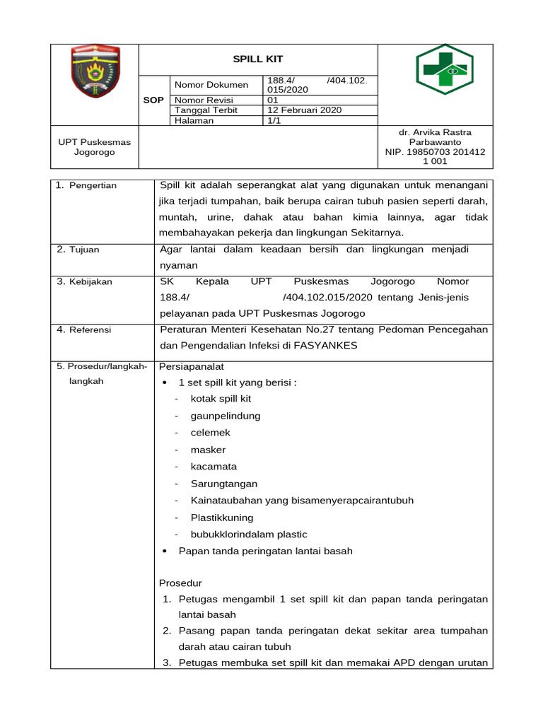 Prosedur Penggunaan Spill Kit Puskesmas | PDF