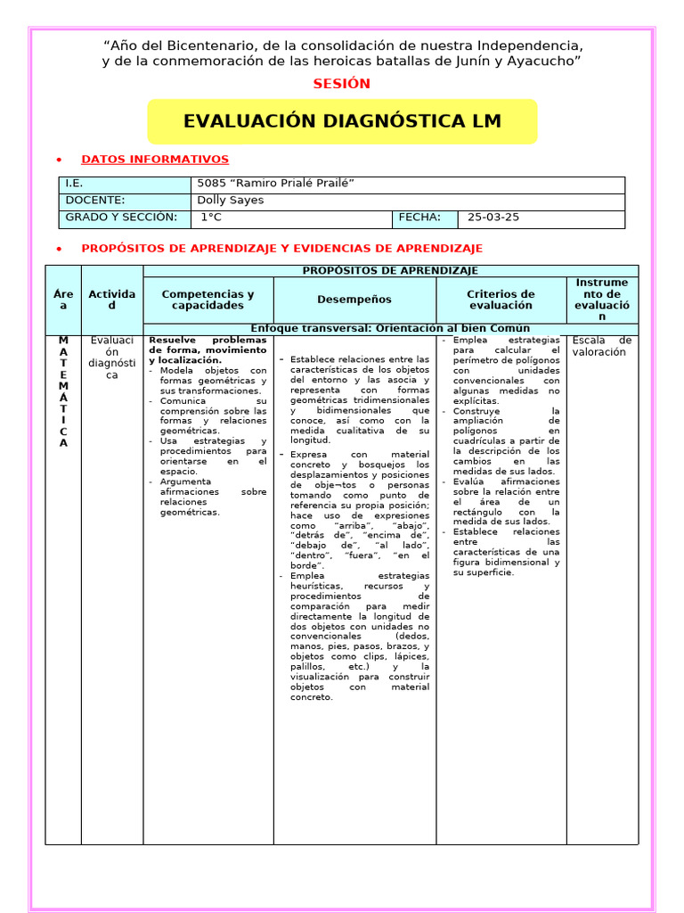 Evaluación Diagnóstica en Matemáticas 1°C | PDF | Geometría | Lápiz