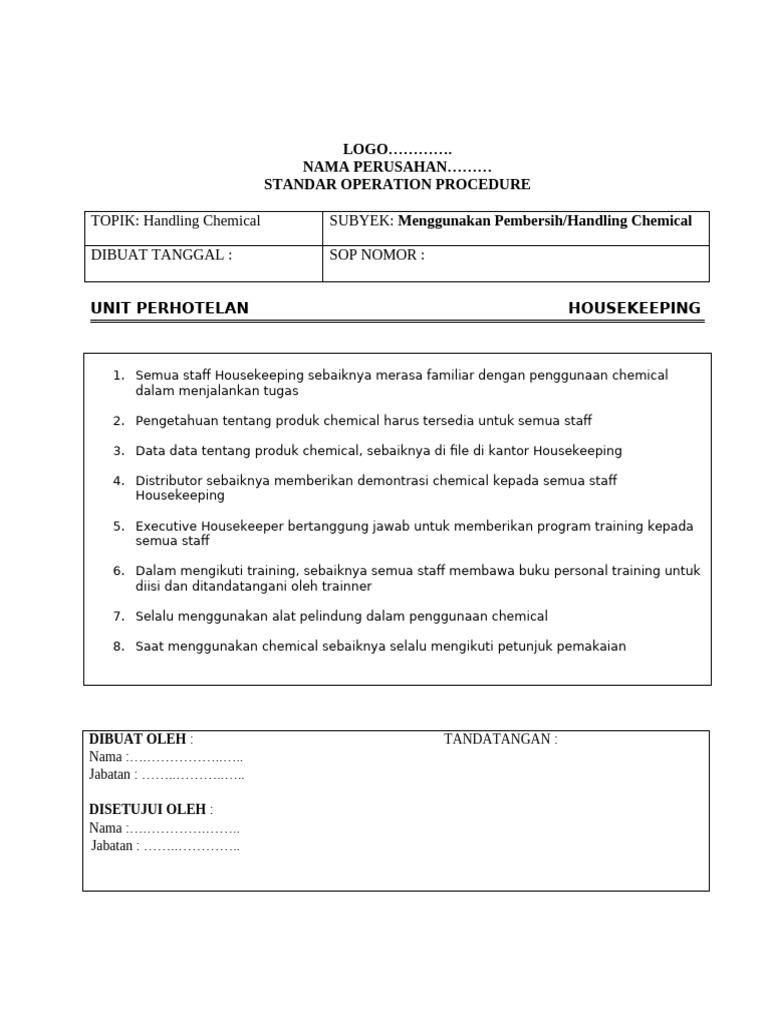 SOP Penggunaan Chemical Housekeeping | PDF