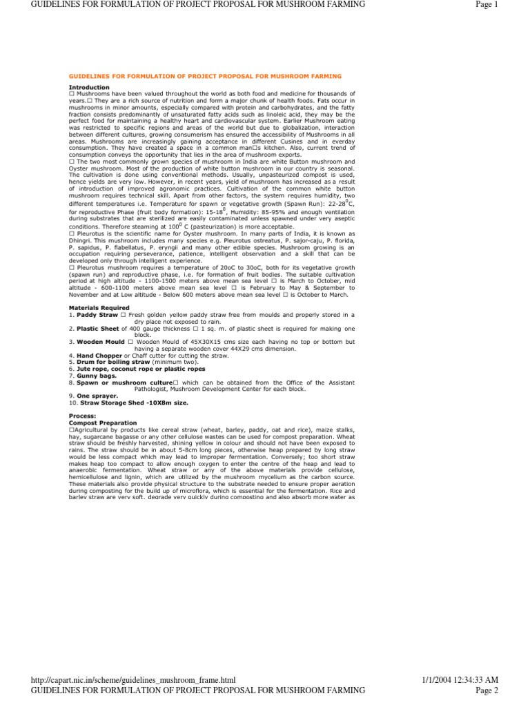Guidelines For Formulation of Project Proposal For Mushroom Farming ...