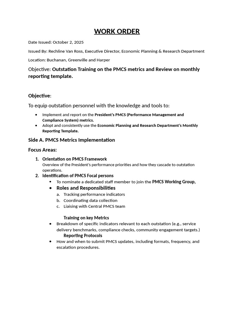 Planning Work Order For Pmcs Outstation Training (Verified) | PDF ...