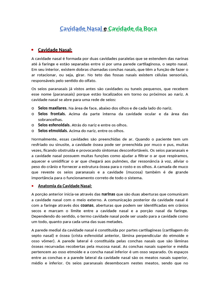 Funções da Cavidade Nasal | PDF | Língua | Boca