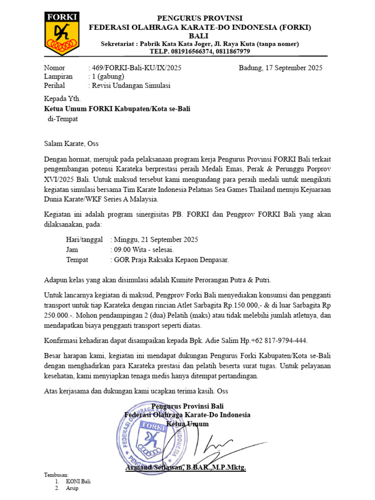 Undangan Simulasi Karate FORKI Bali | PDF