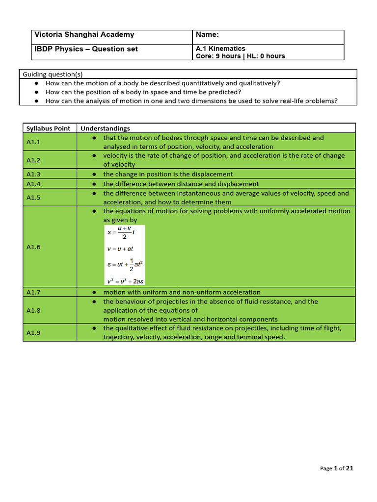 IBDP Physics Kinematics Question Set | PDF | Acceleration | Velocity