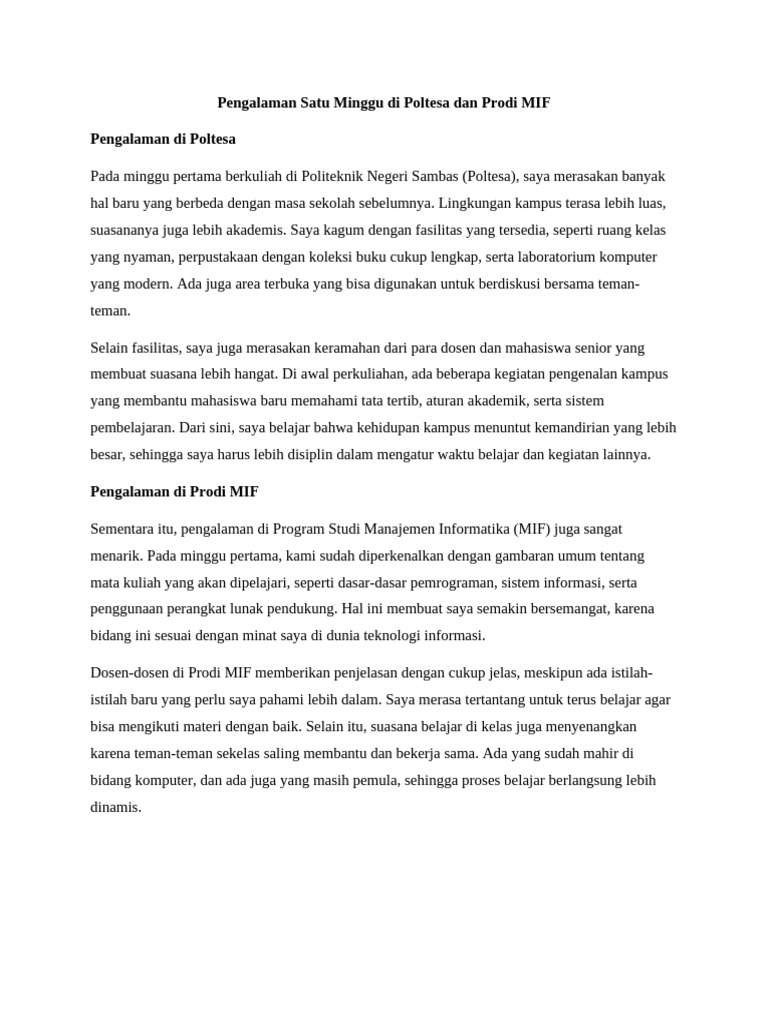 DEASYIFA 1B Pengalaman Satu Minggu Di Poltesa Dan Prodi MIF | PDF