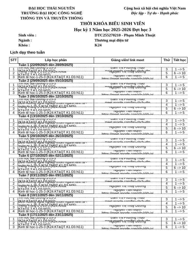Student Timetable 11 | PDF
