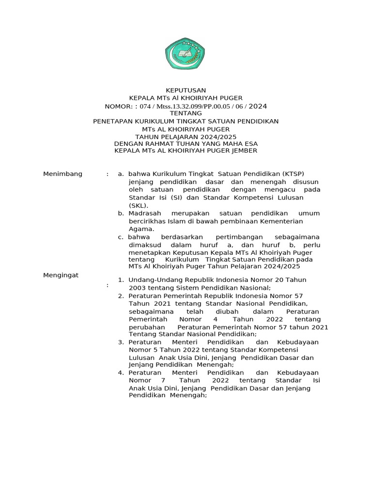 Kurikulum MTs Al Khoiriyah 2024/2025 | PDF
