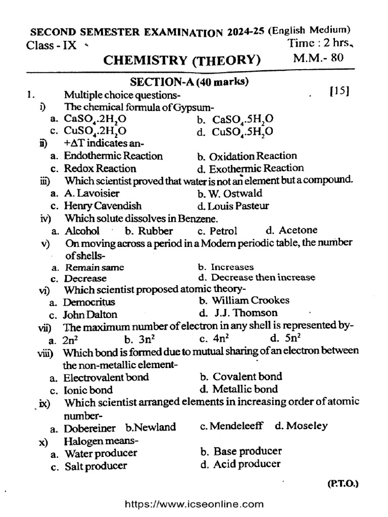 Icse Class 9 2 Sem Chemistry 280425 2025 | PDF