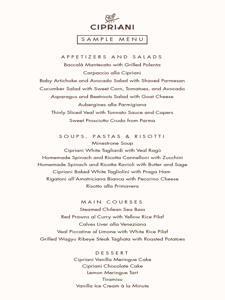 Cipriani Sample Menu Overview | PDF