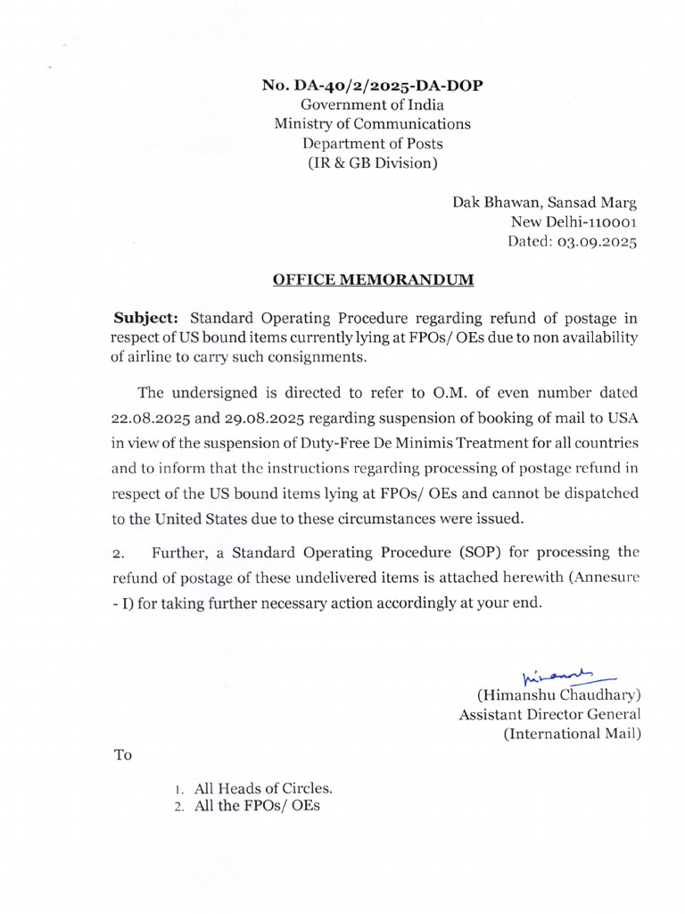 SOP For Refund of Postage of Mails Addressed To US Outbound Dated 03.09 ...