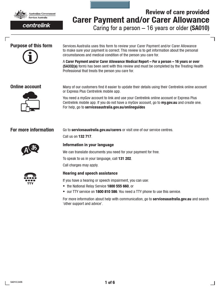 Carer Payment Review Form SA010 | PDF | Urinary Incontinence