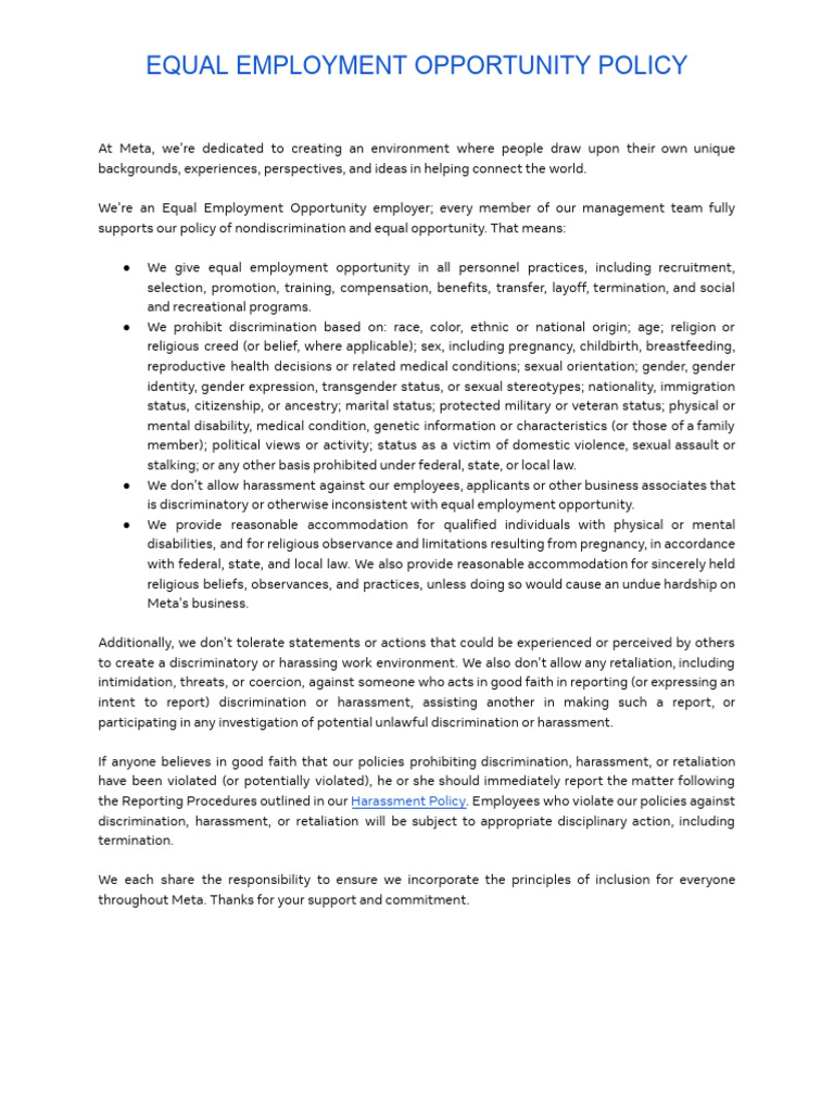 Equal Employment Opportunity Policy | PDF | Harassment | Discrimination