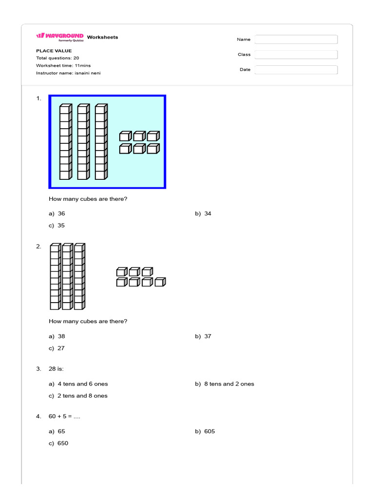 g2 Quiz Place Value and Addition Subtraction Within 100 | PDF