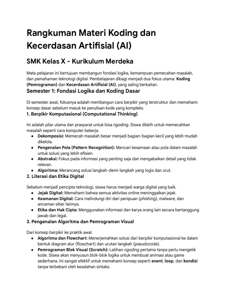 Materi Koding Dan Kecerdasan Artifisial Kelas X S... | PDF
