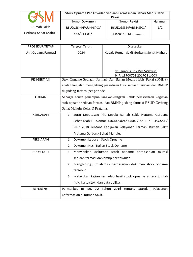 Prosedur Stok Opname RS Gerbang Sehat | PDF