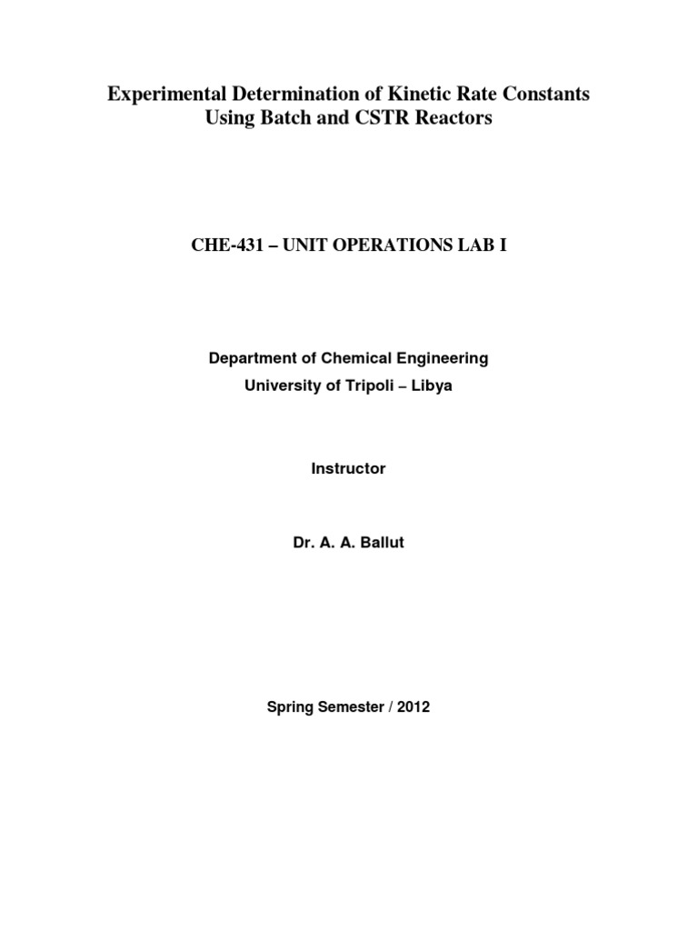 Batch CSTR Experiment | PDF | Chemical Reactor | Chemical Kinetics