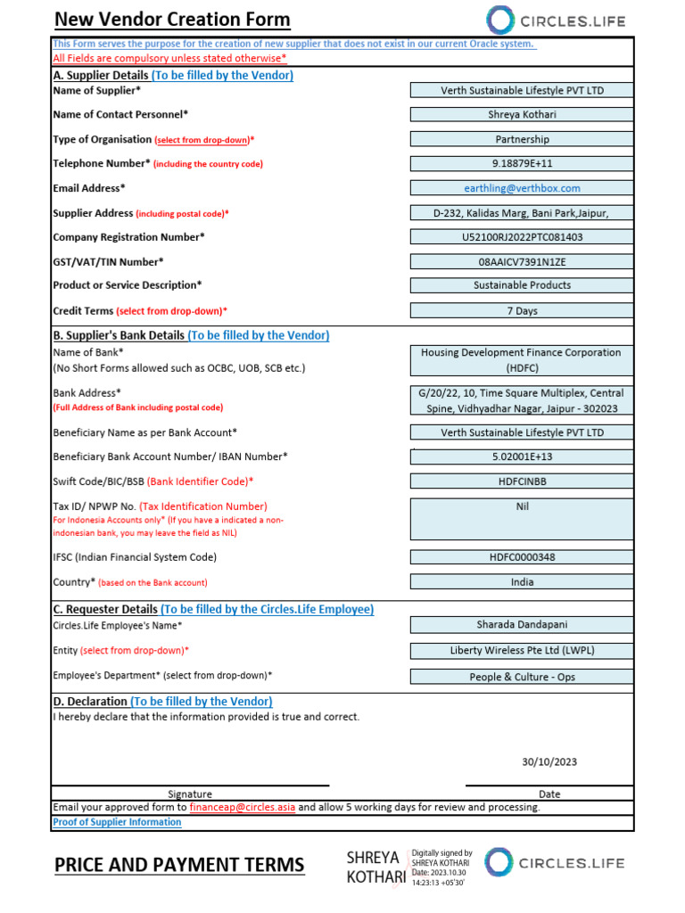 Verth Sustainable Lifestyle PVT LTD - CL Vendor Creation Form | PDF ...