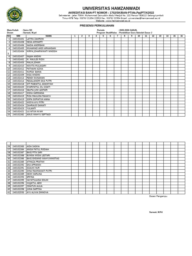 Presensi Mata Kuliah Sains SD 2025-2026 | PDF