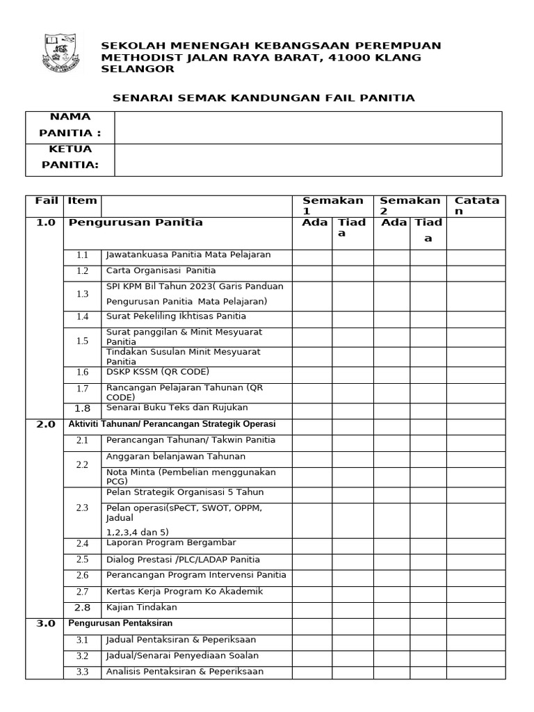 Senarai Semak Kandungan Fail Panitia 2025 | PDF