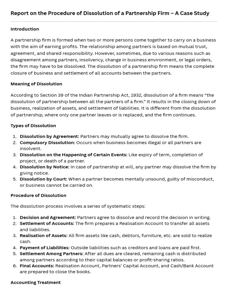 Report On The Procedure of Dissolution of A Partnership Firm - A Case ...