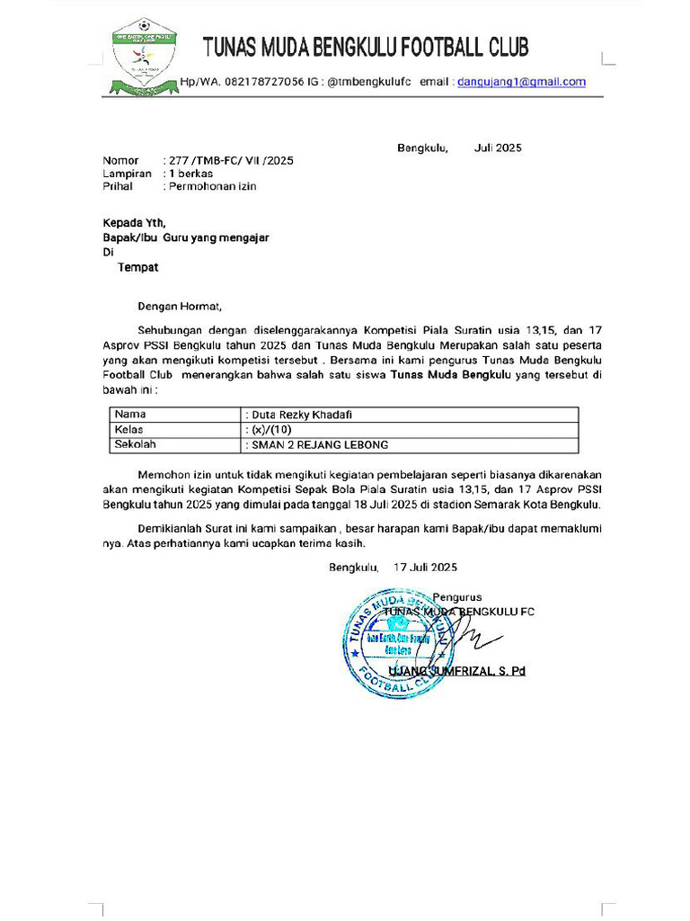 Surat Izin Pondasi Championship (M.gilaNG ANGGA KUSUMA) | PDF