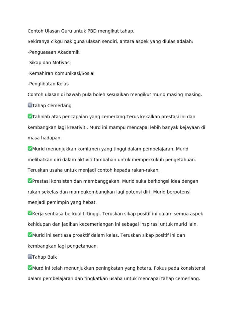 Contoh Ulasan Guru Untuk PBD Mengikut Tahap | PDF