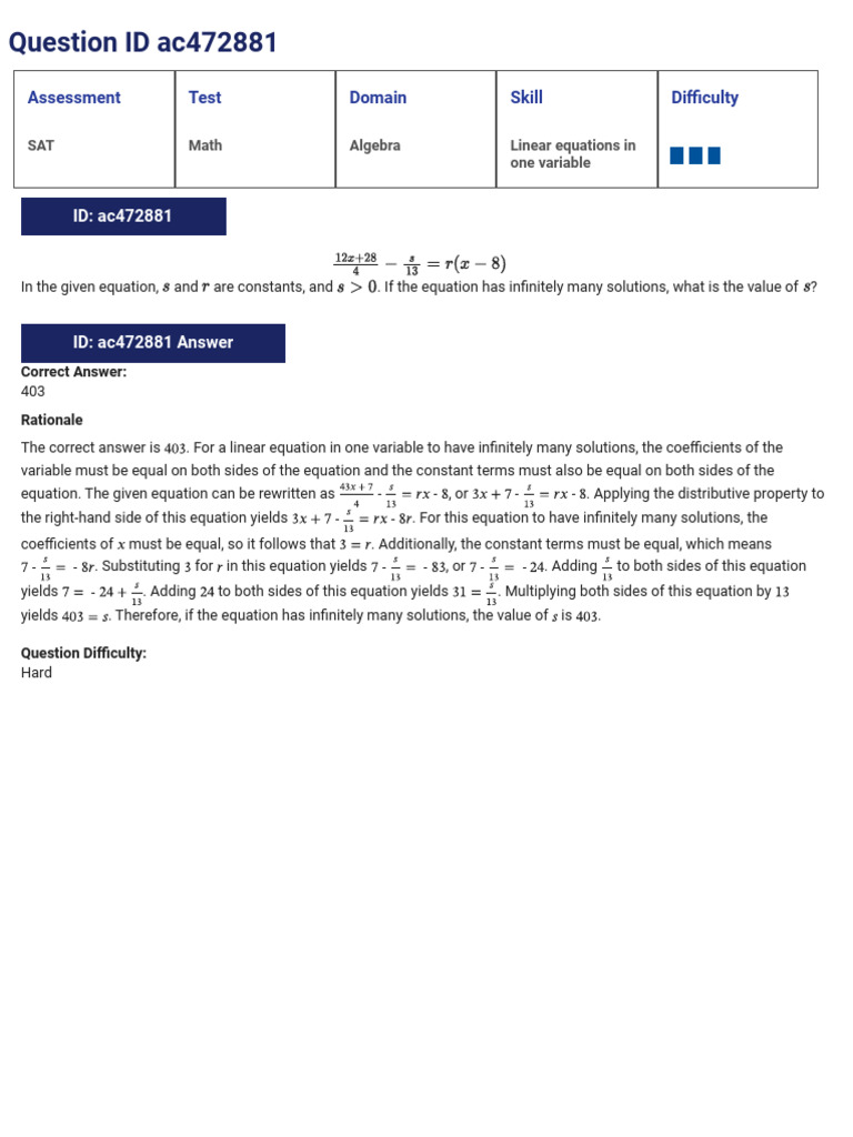 SAT Math Question ID ac472881 | PDF | Equations | Algebra