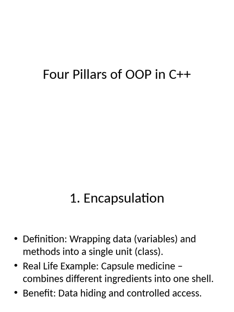 Four Pillars OOP With Code | PDF | Class (Computer Programming) | Object Oriented Programming